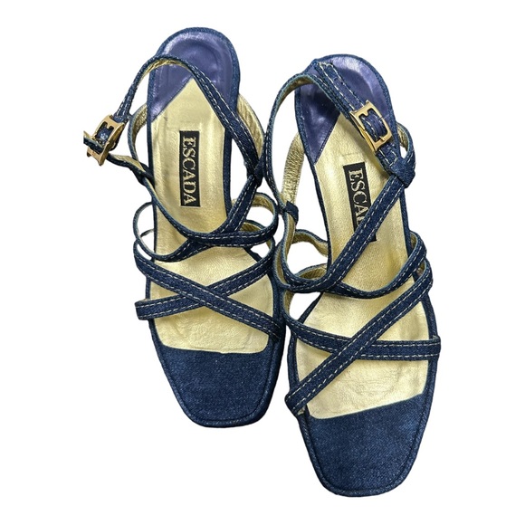 Escada | Shoes | Escada Denim Strappy Heeled Sandals Size 75 B | Poshmark